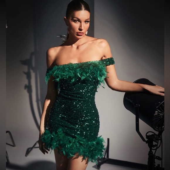 Dresses | Amaris Off Shoulder Sequin Feather Mini Dress In Green | Poshmark